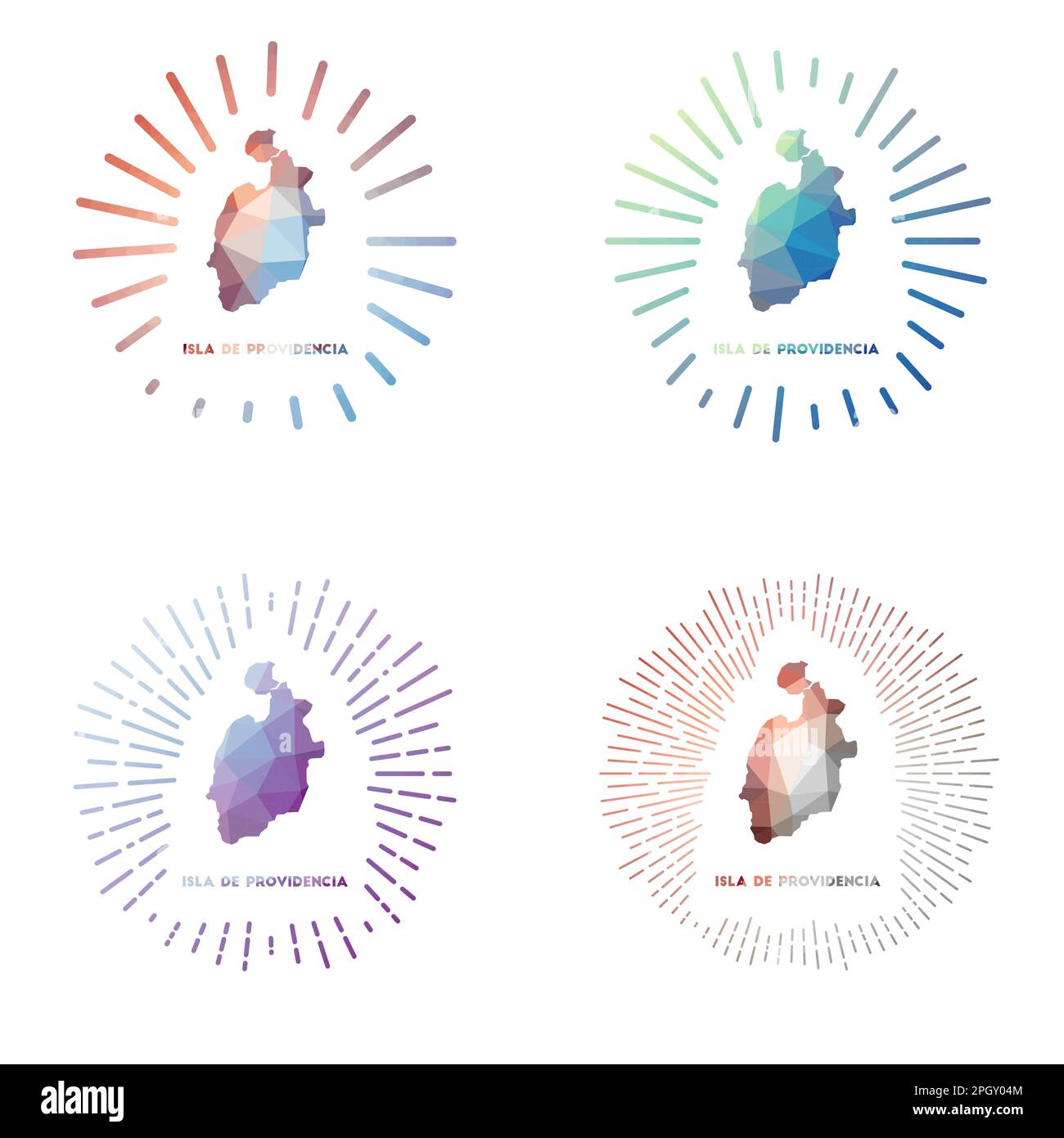 Isla de Providencia low poly sunburst set. Logo of island in geometric polygonal style. Vector ...