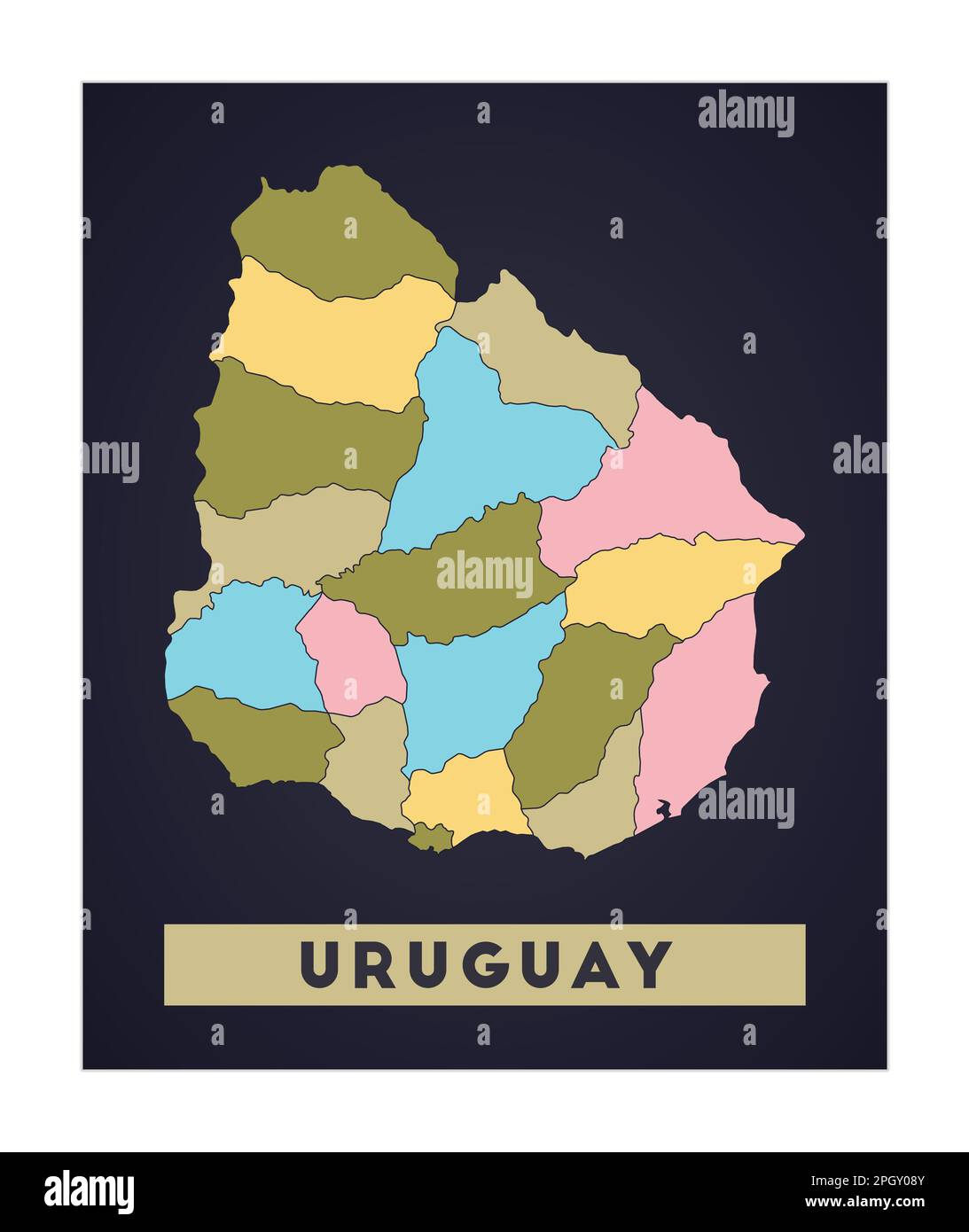 Uruguay map. Country poster with regions. Shape of Uruguay with country ...
