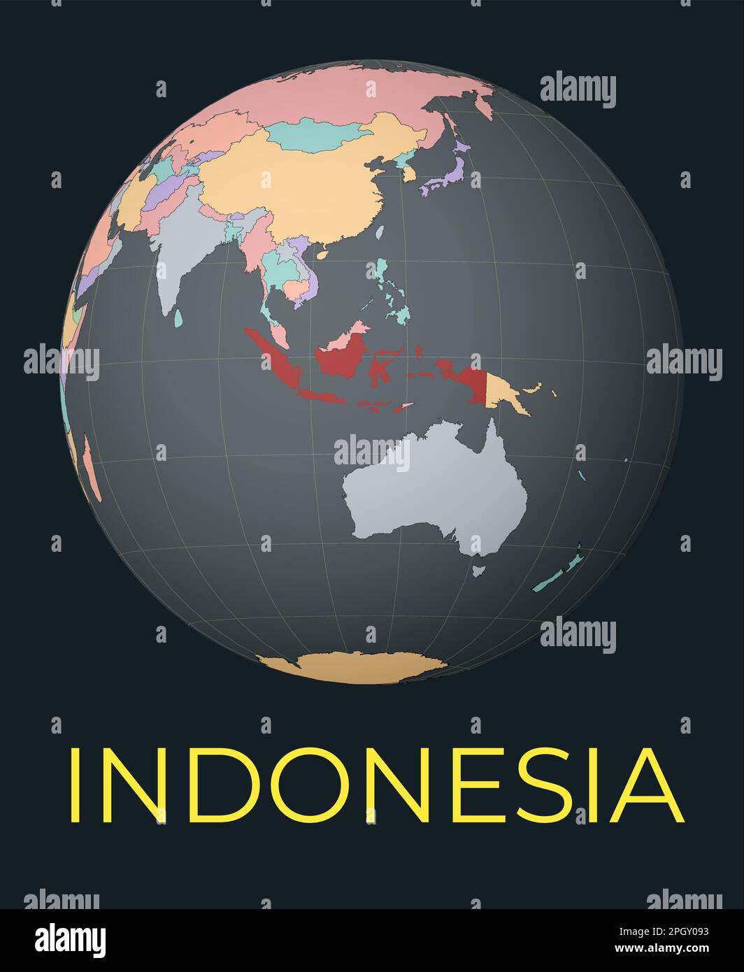 World map centered on Indonesia. Red country highlighted. Satellite ...