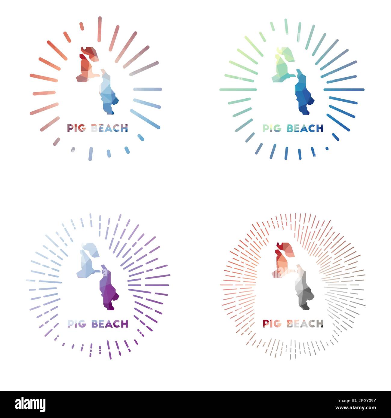 Pig Beach low poly sunburst set. Logo of island in geometric polygonal ...