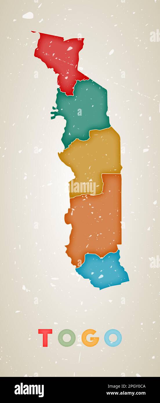 Togo map. Country poster with colored regions. Old grunge texture ...