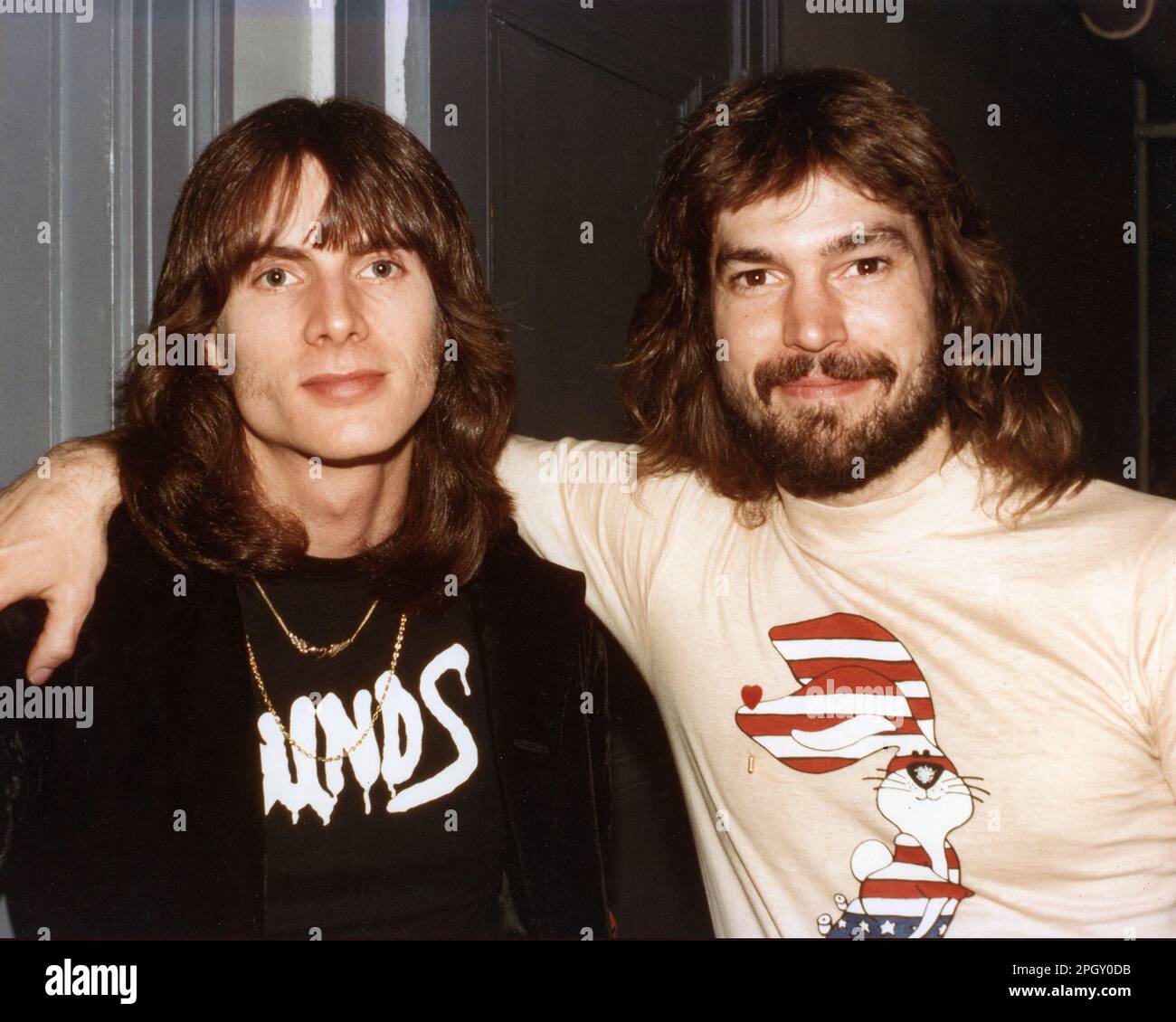 Guitarists Steve Fossen and Roger Fisher of Heart, backstage at the ...