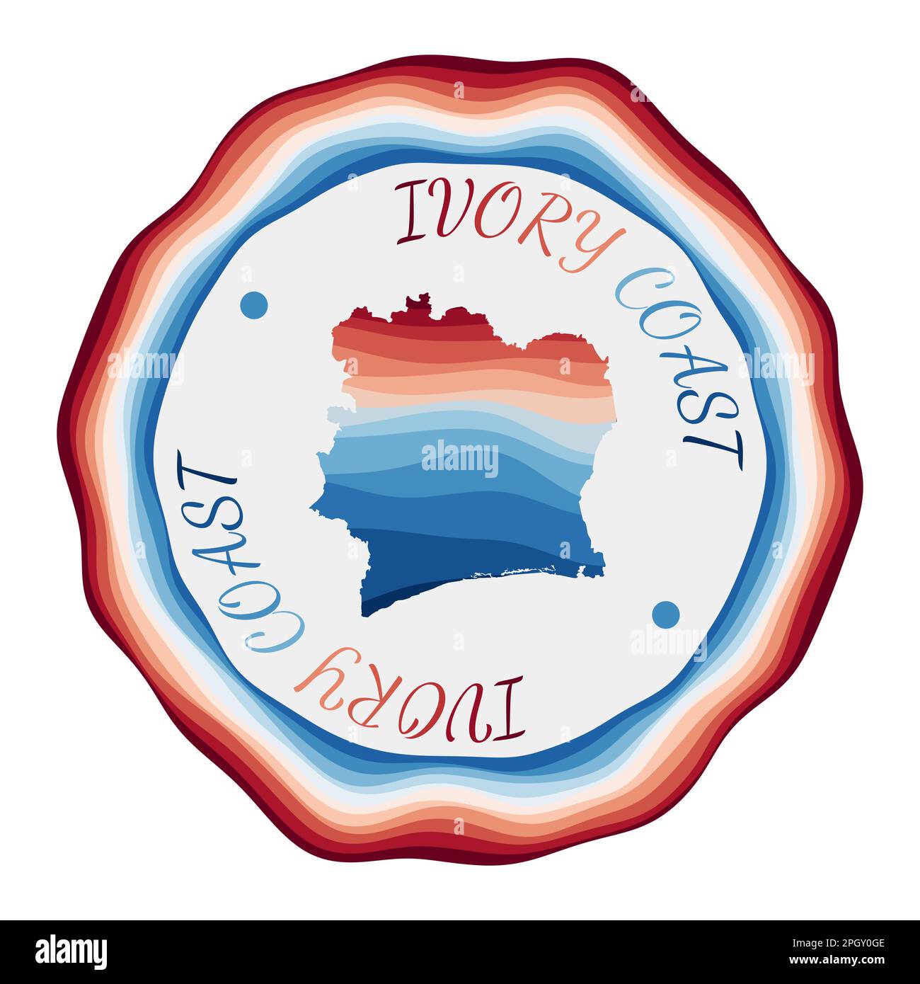 Ivory Coast badge. Map of the country with beautiful geometric waves and vibrant red and blue ...