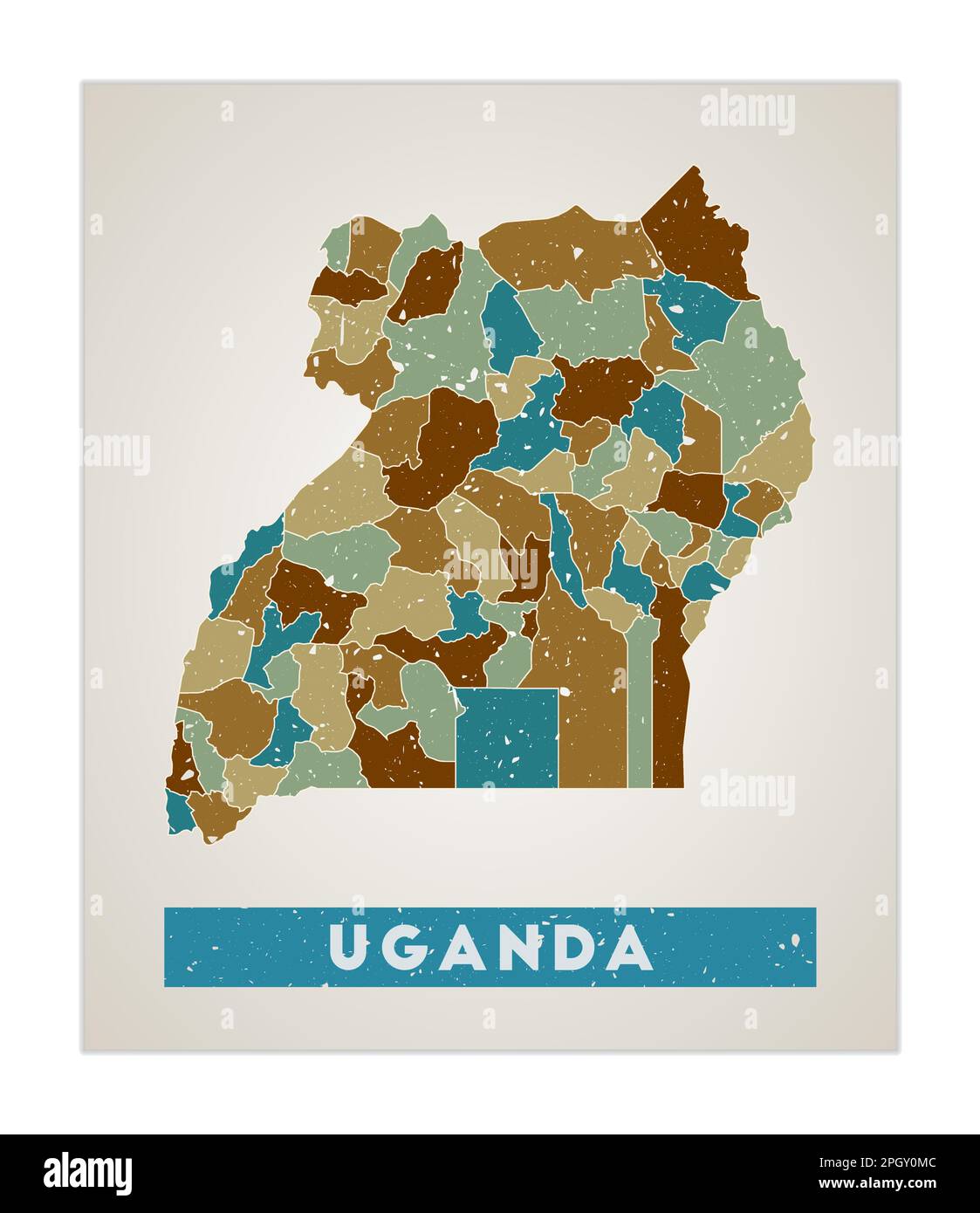 Uganda map. Country poster with regions. Old grunge texture. Shape of ...