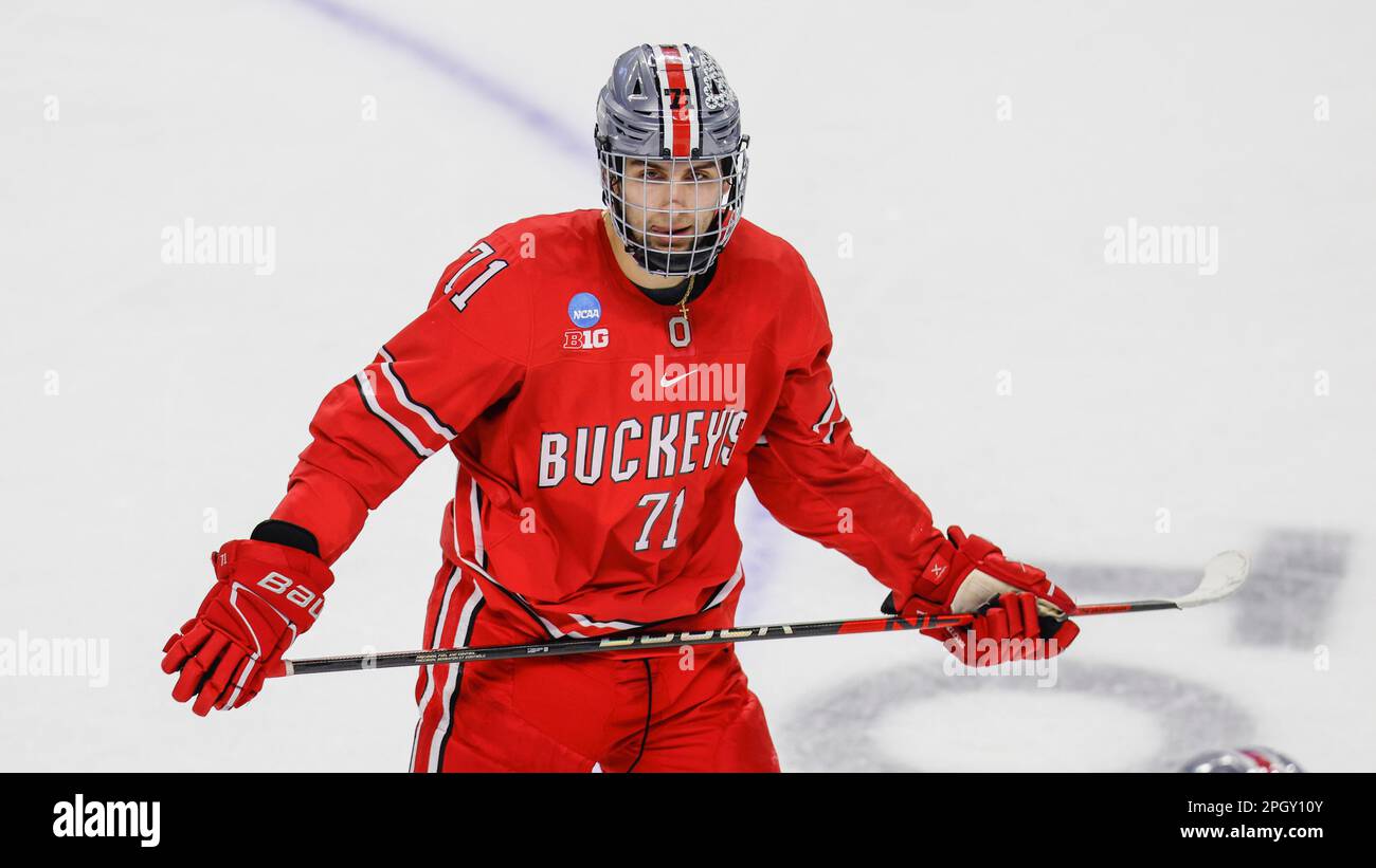 Ohio State forward Patrick Guzzo (71) skates during the third period of ...