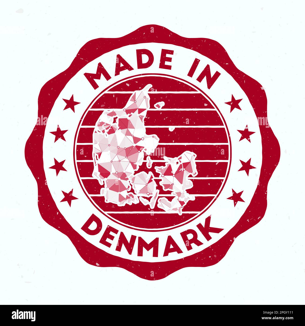 Made in Denmark. Country round stamp. Seal of Denmark with border shape ...