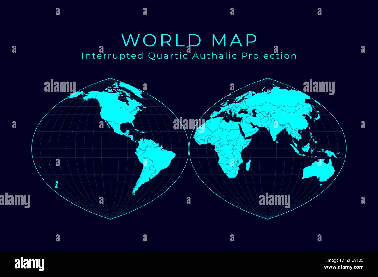 Map of the World. Quartic authalic projection interrupted into two hemispheres. Futuristic ...