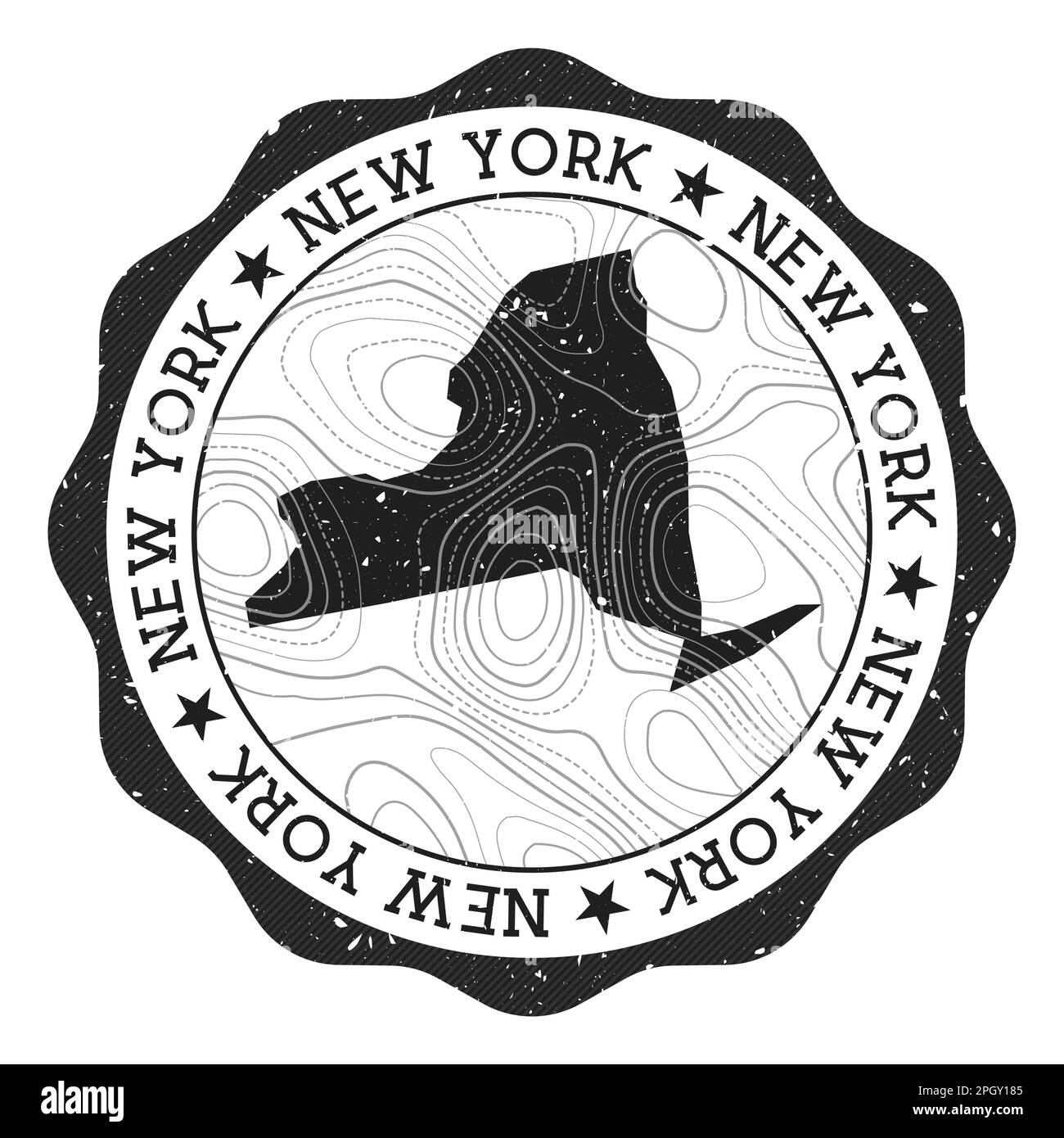 New York outdoor stamp. Round sticker with map of US state with ...