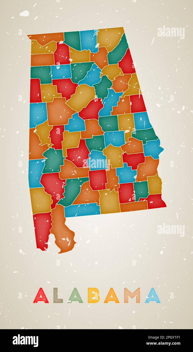 Alabama map. US state poster with colored regions. Old grunge texture ...