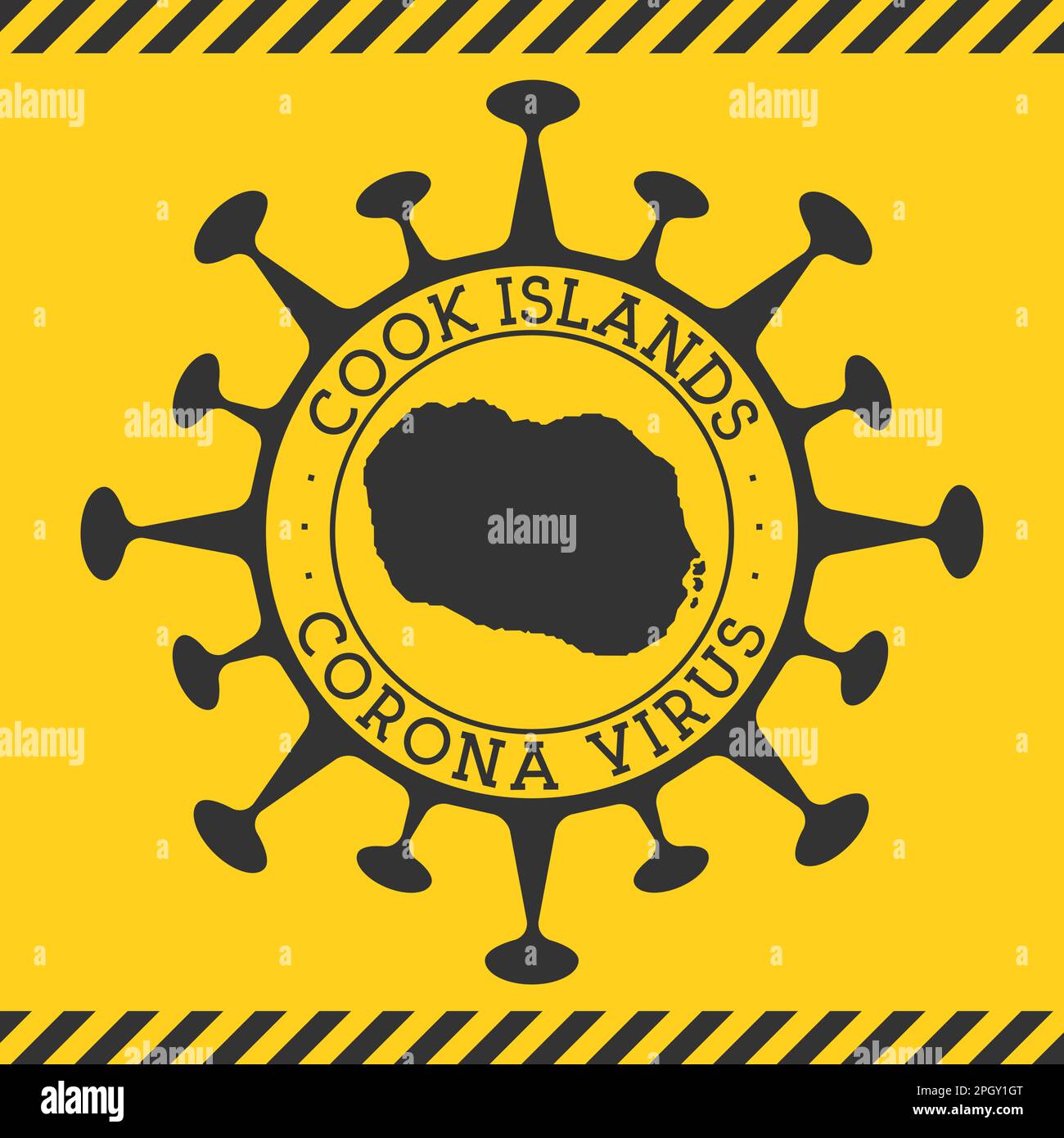 Coronavirus in Cook Islands sign. Round badge with shape of virus and ...