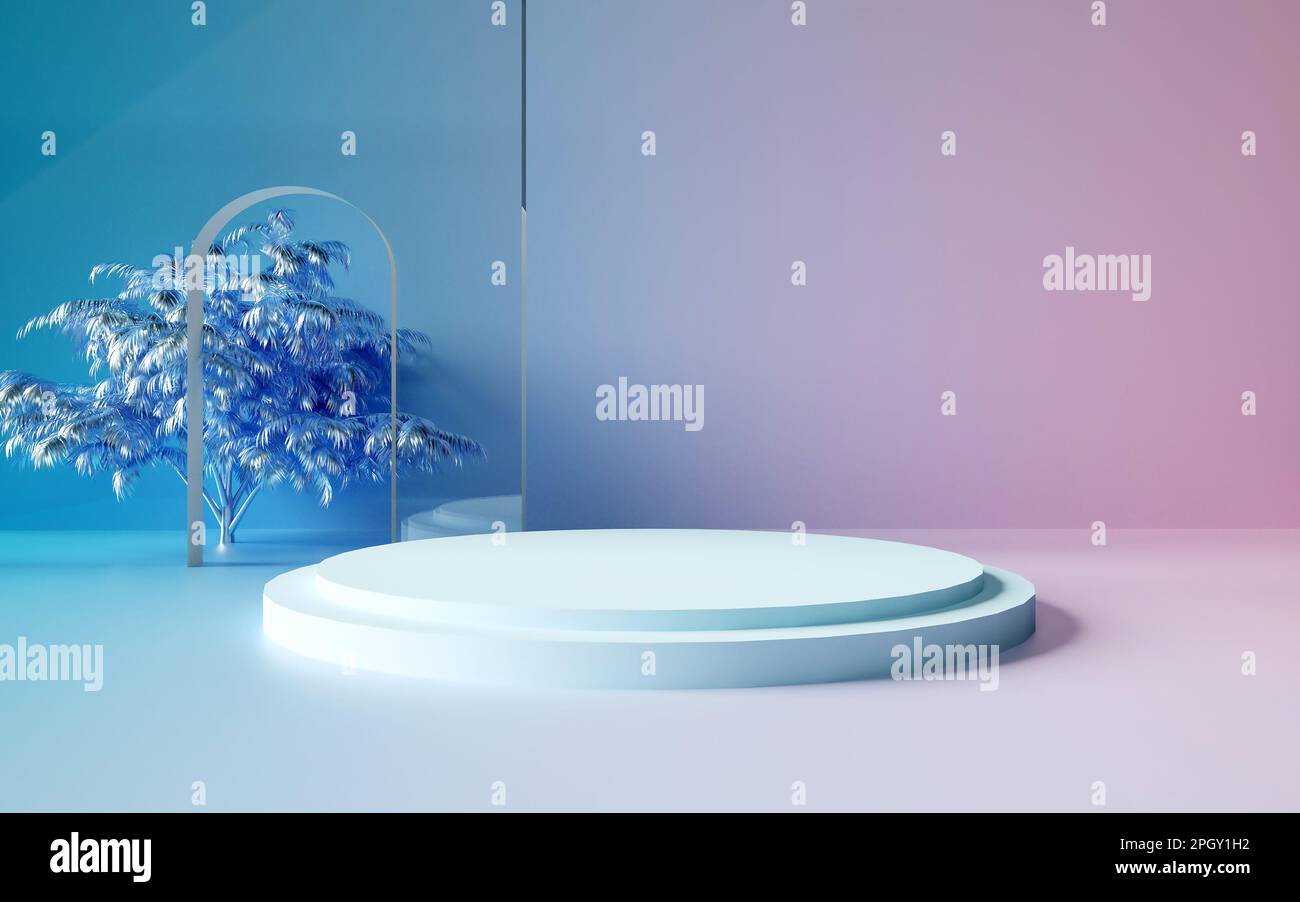 Blue and pink metal exhibition platform stand with marble glass and ...