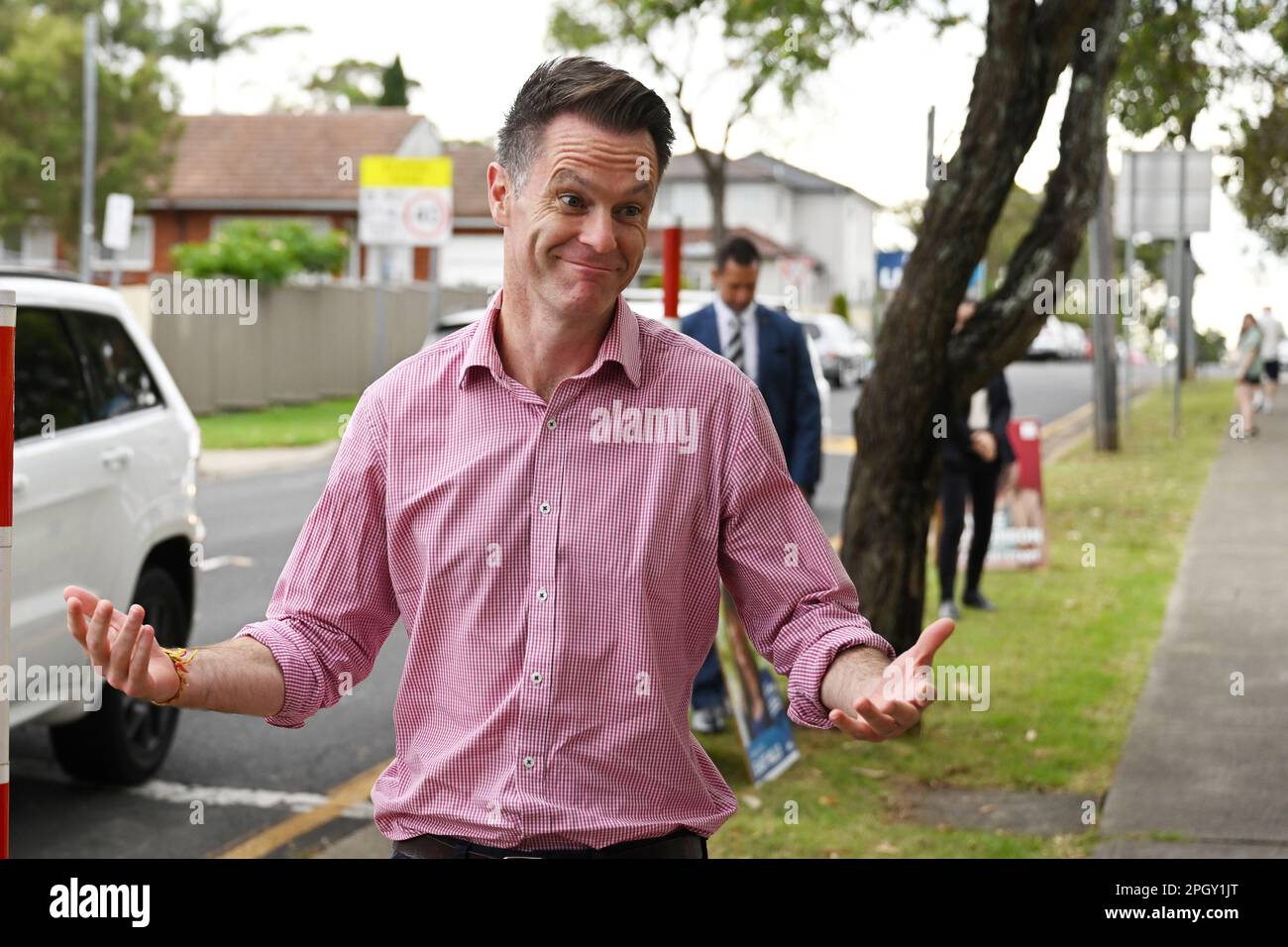Chris Minns visits a polling booth at Panania Public School in Panania ...