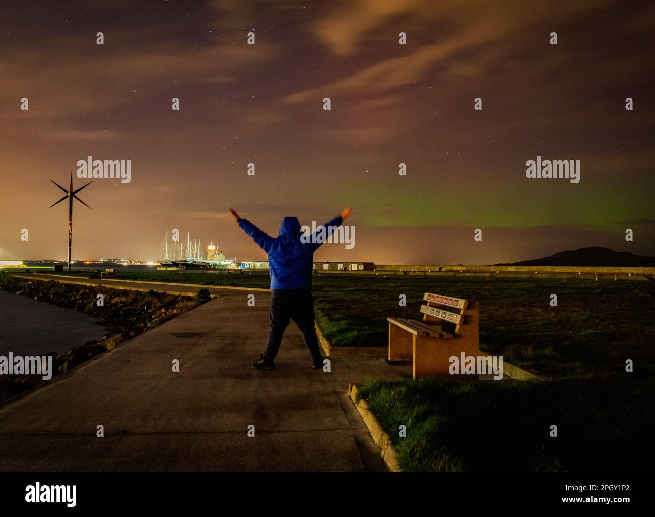The aurora borealis visible at Howth Harbour as a result of a G3 ...