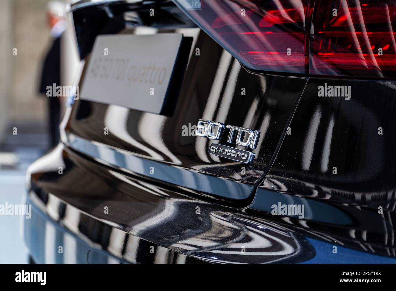 Close up view of the rear of a black Audi A8 car with license plate and ...