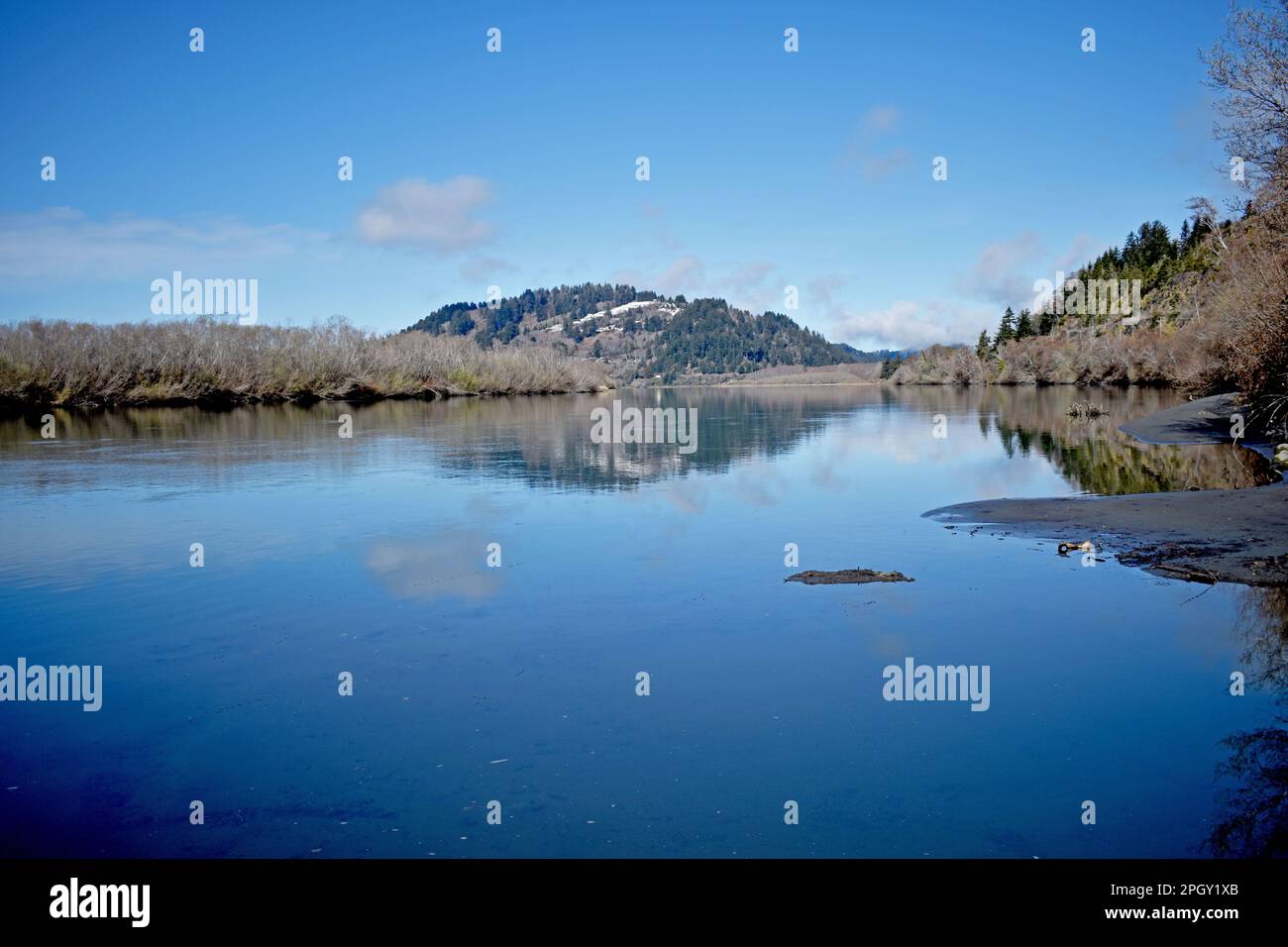 wide angle of the beautiful blue, clear Klamath River in Klamath CA ...