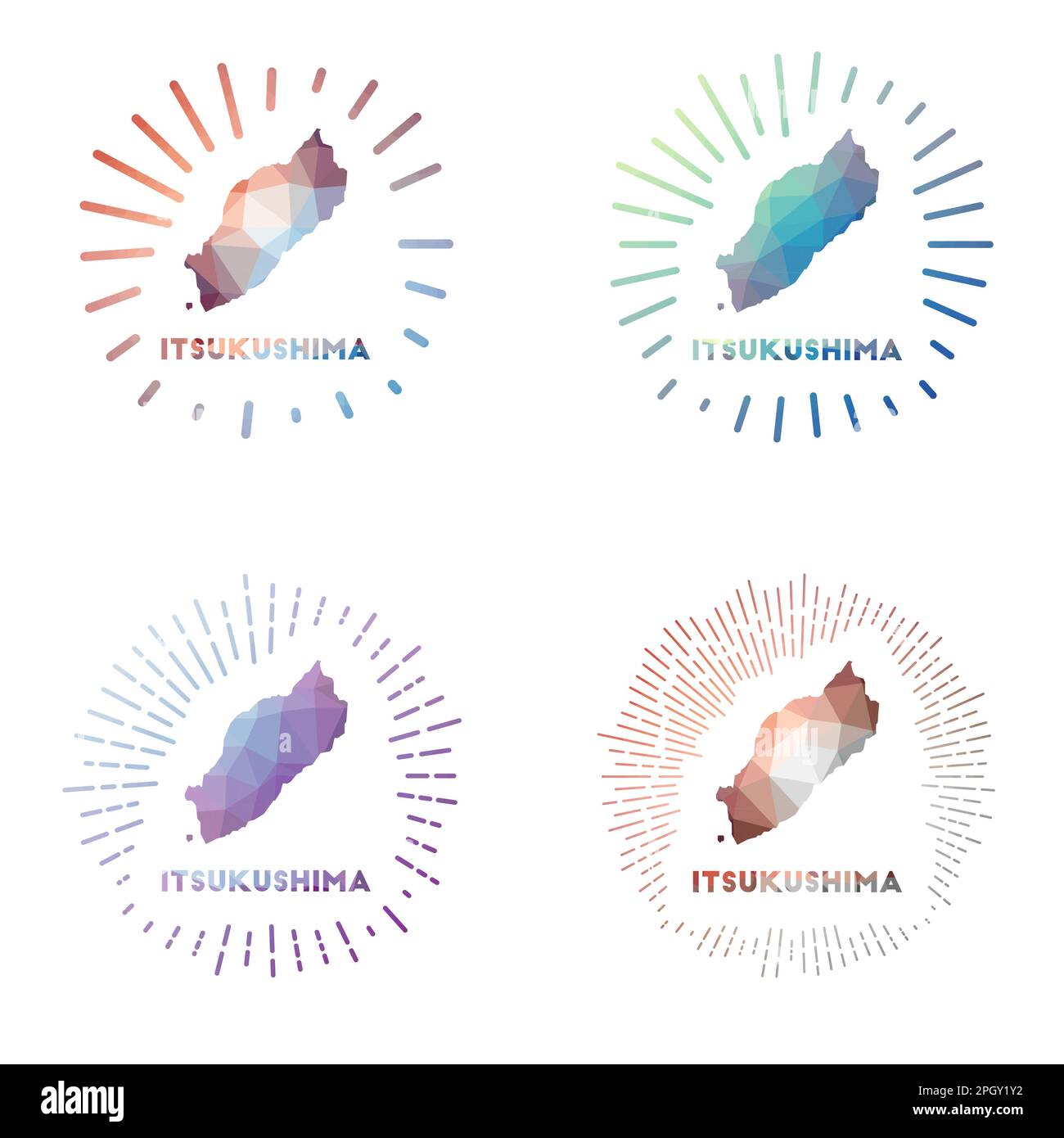 Itsukushima low poly sunburst set. Logo of island in geometric ...