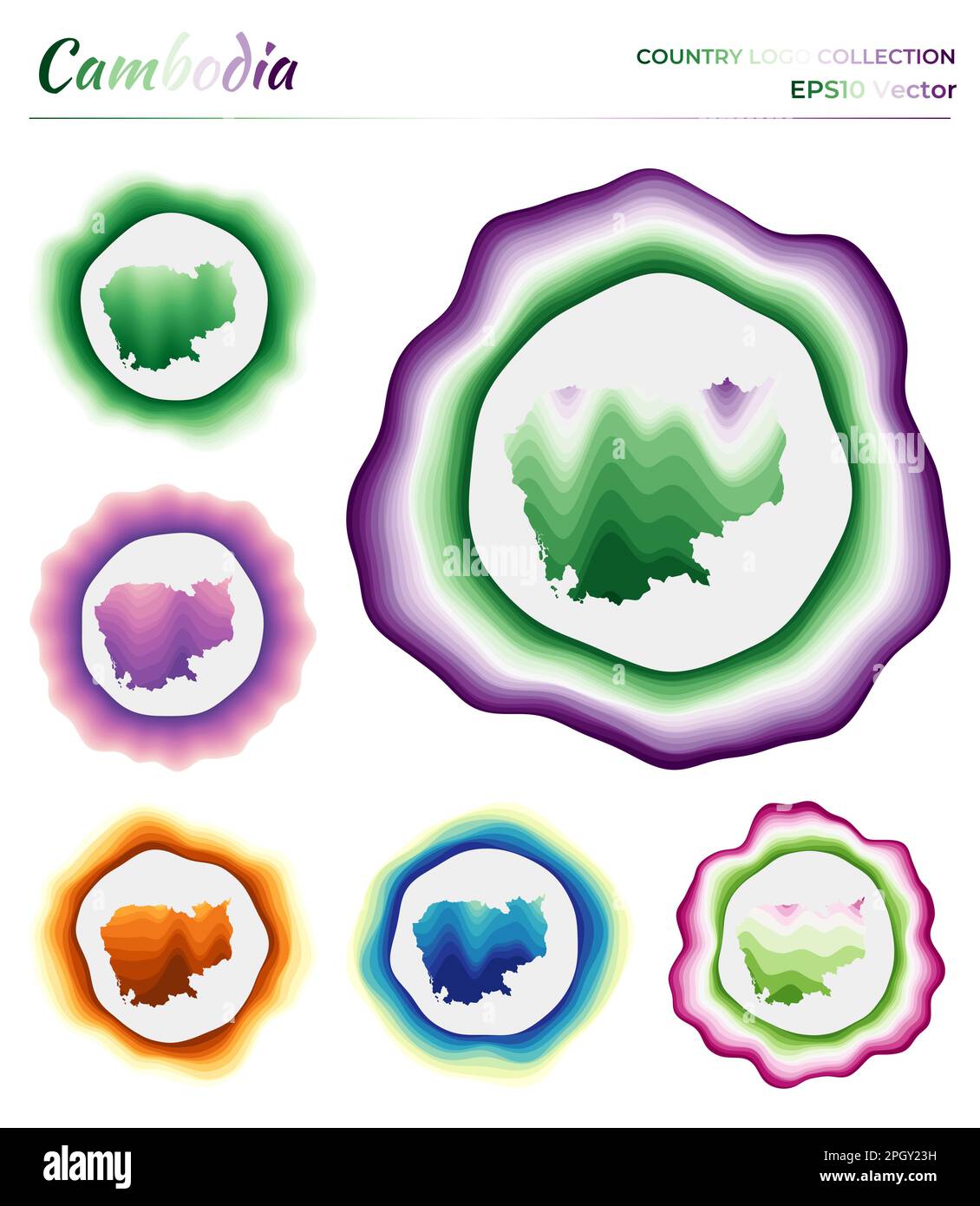 Cambodia logo collection. Colorful badge of the country. Layers around Cambodia border shape ...