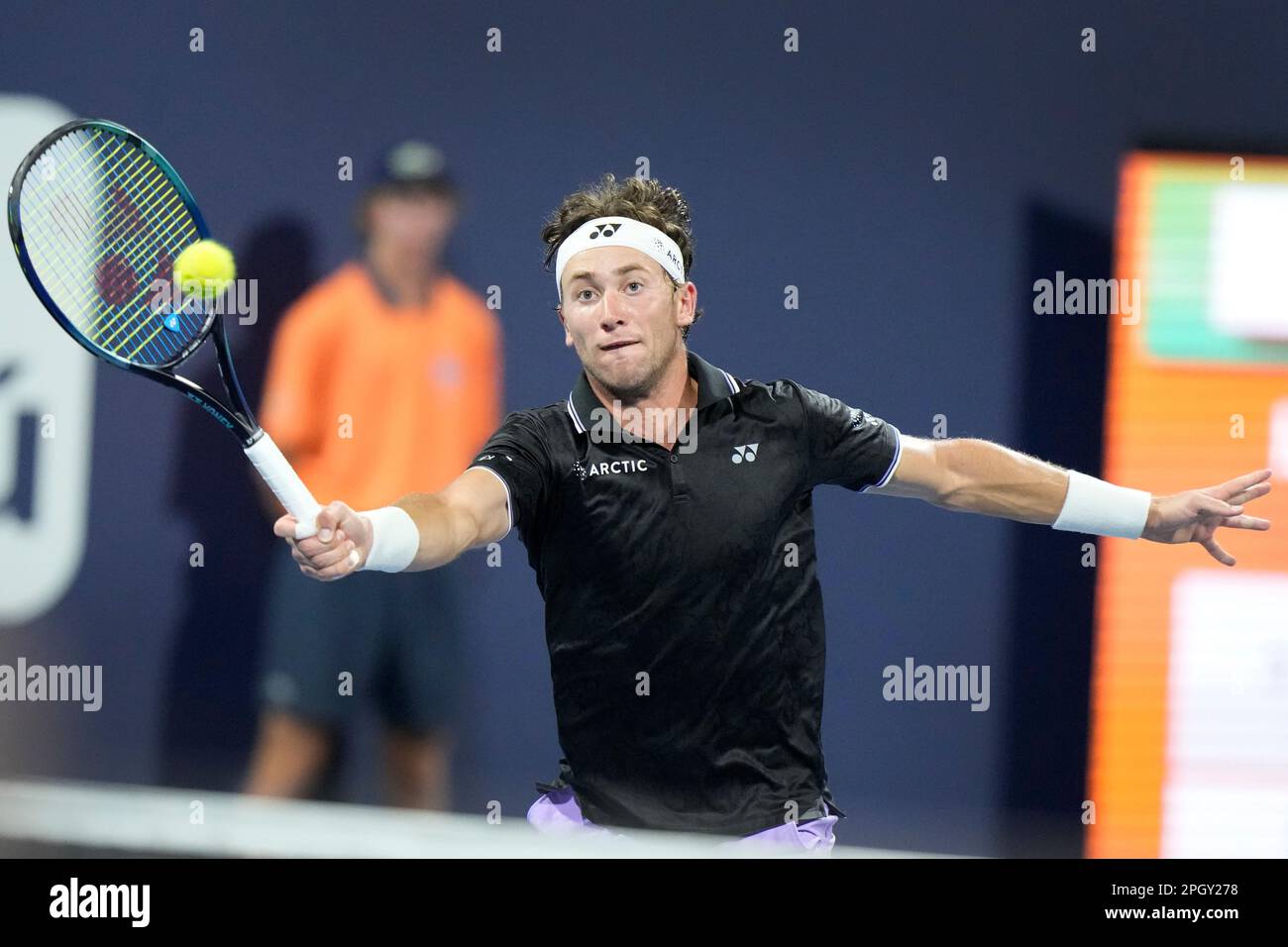 Casper Ruud, of Norway, returns a shot from Ilya Ivashka, of Belarus ...
