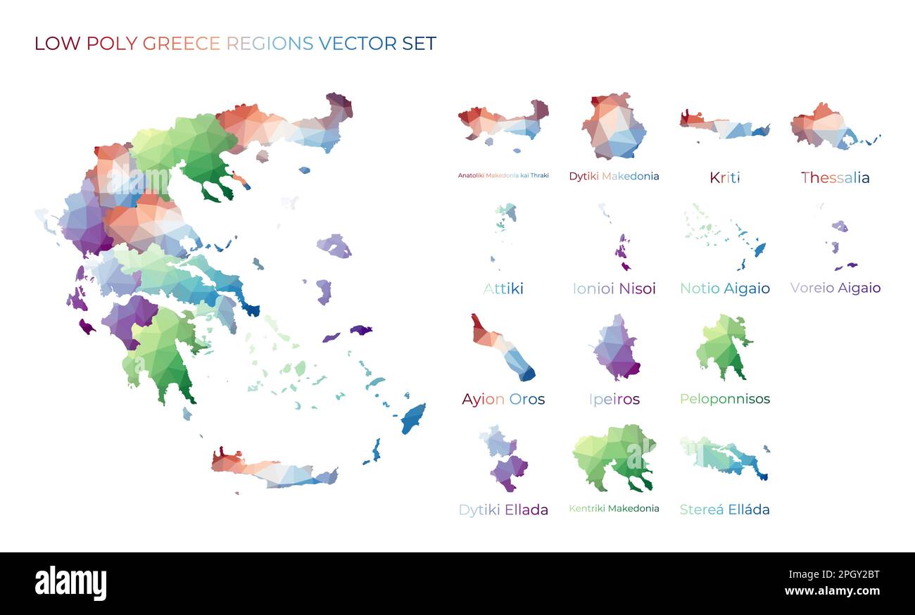 Greek low poly regions. Polygonal map of Greece with regions. Geometric maps for your design ...