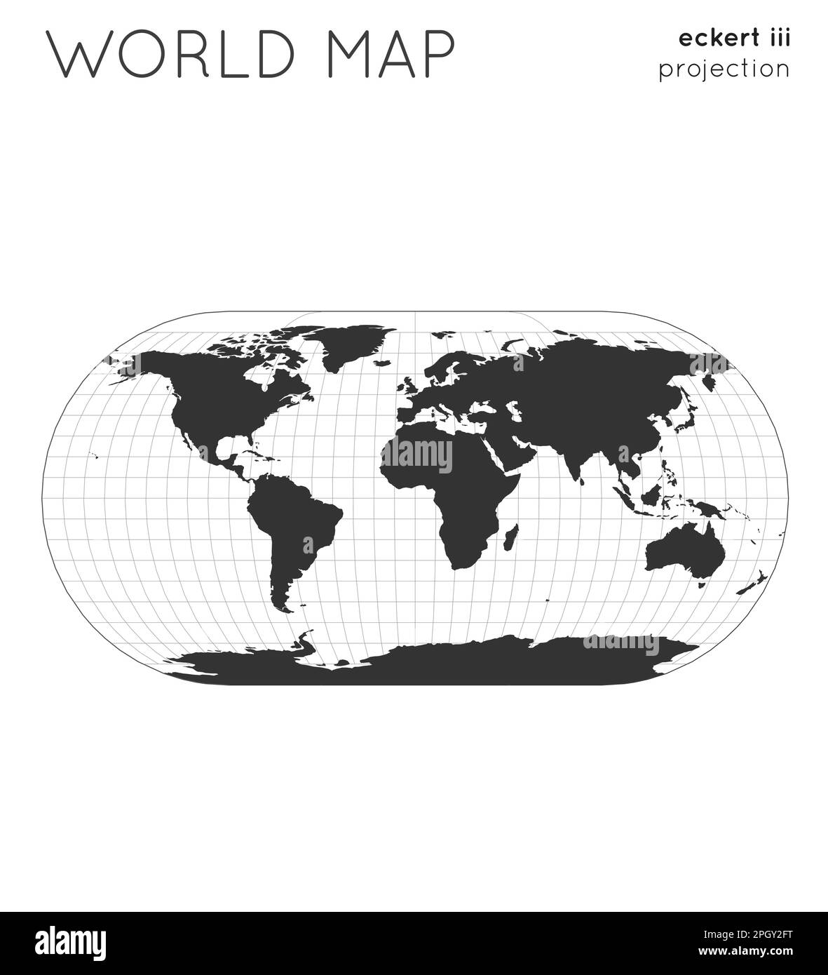 World map. Globe in Eckert III projection, with graticule lines style ...