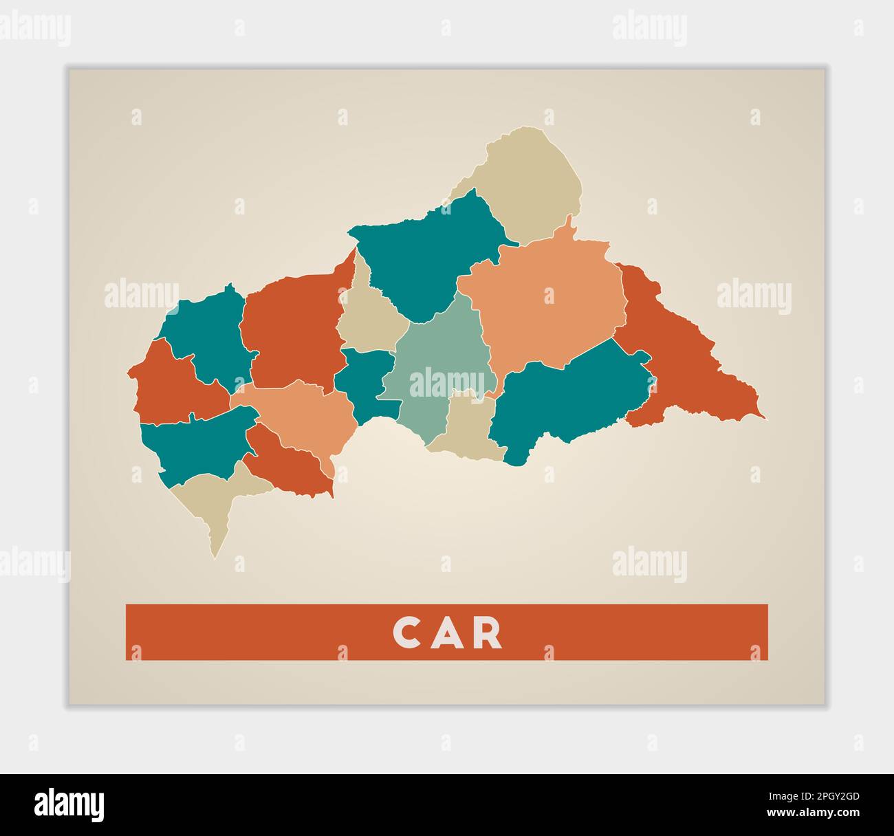 CAR poster. Map of the country with colorful regions. Shape of CAR with ...