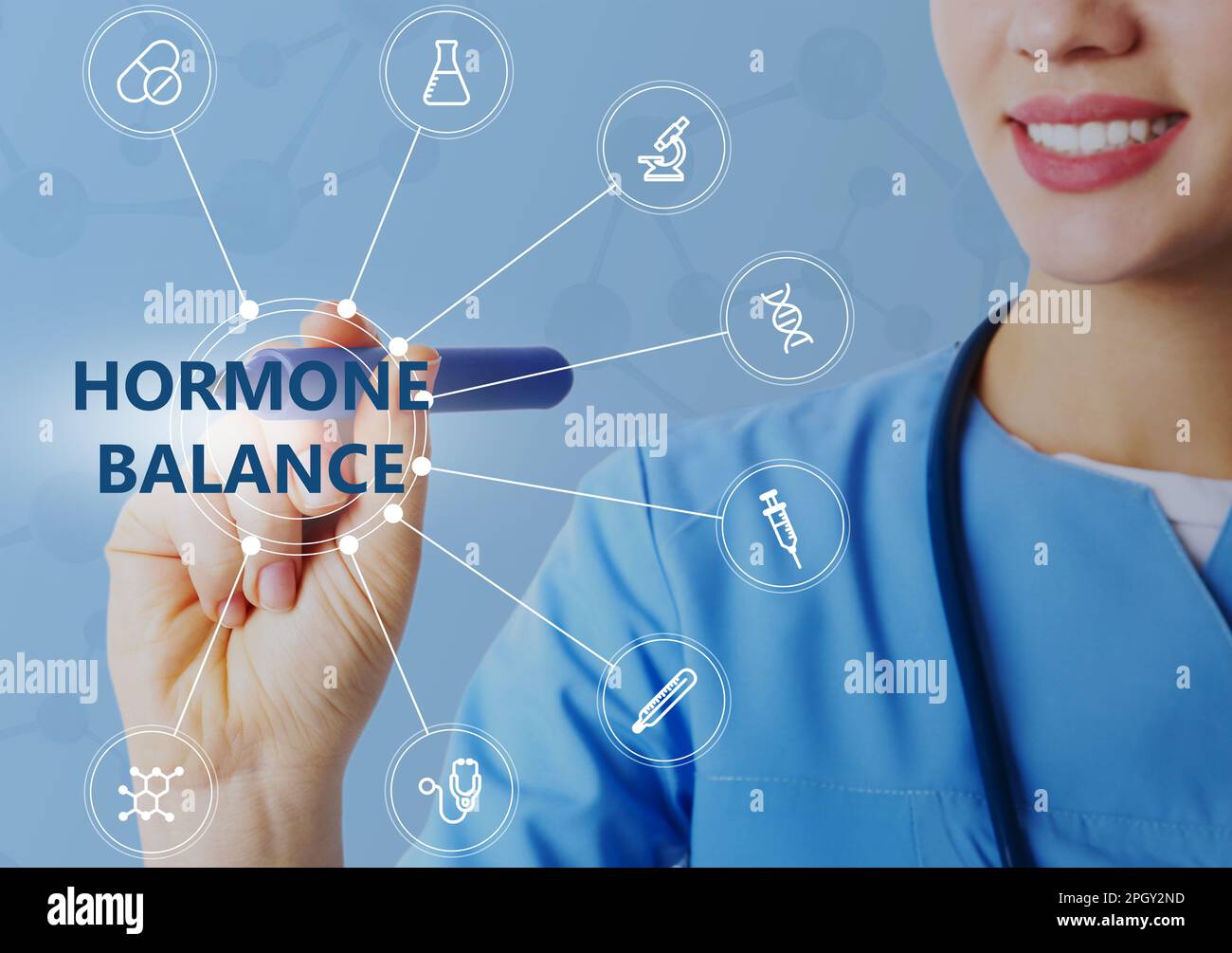 Doctor pointing at virtual screen with inscription Hormone Balance and ...
