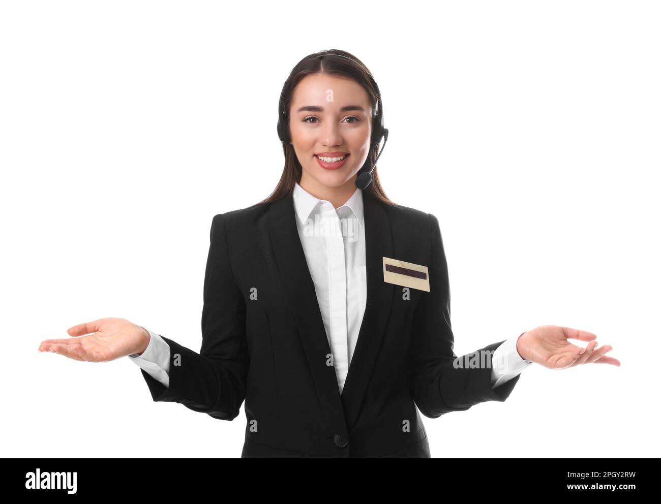 Portrait of receptionist with headset on white background Stock Photo ...