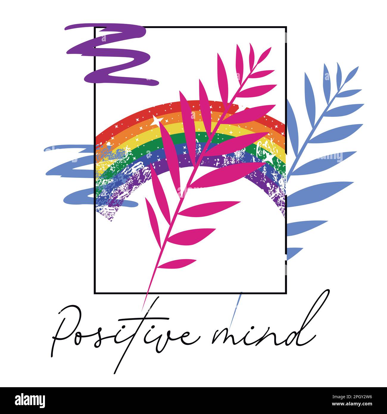 positive mind. Illustration for a t-shirt with text, rainbows and ...
