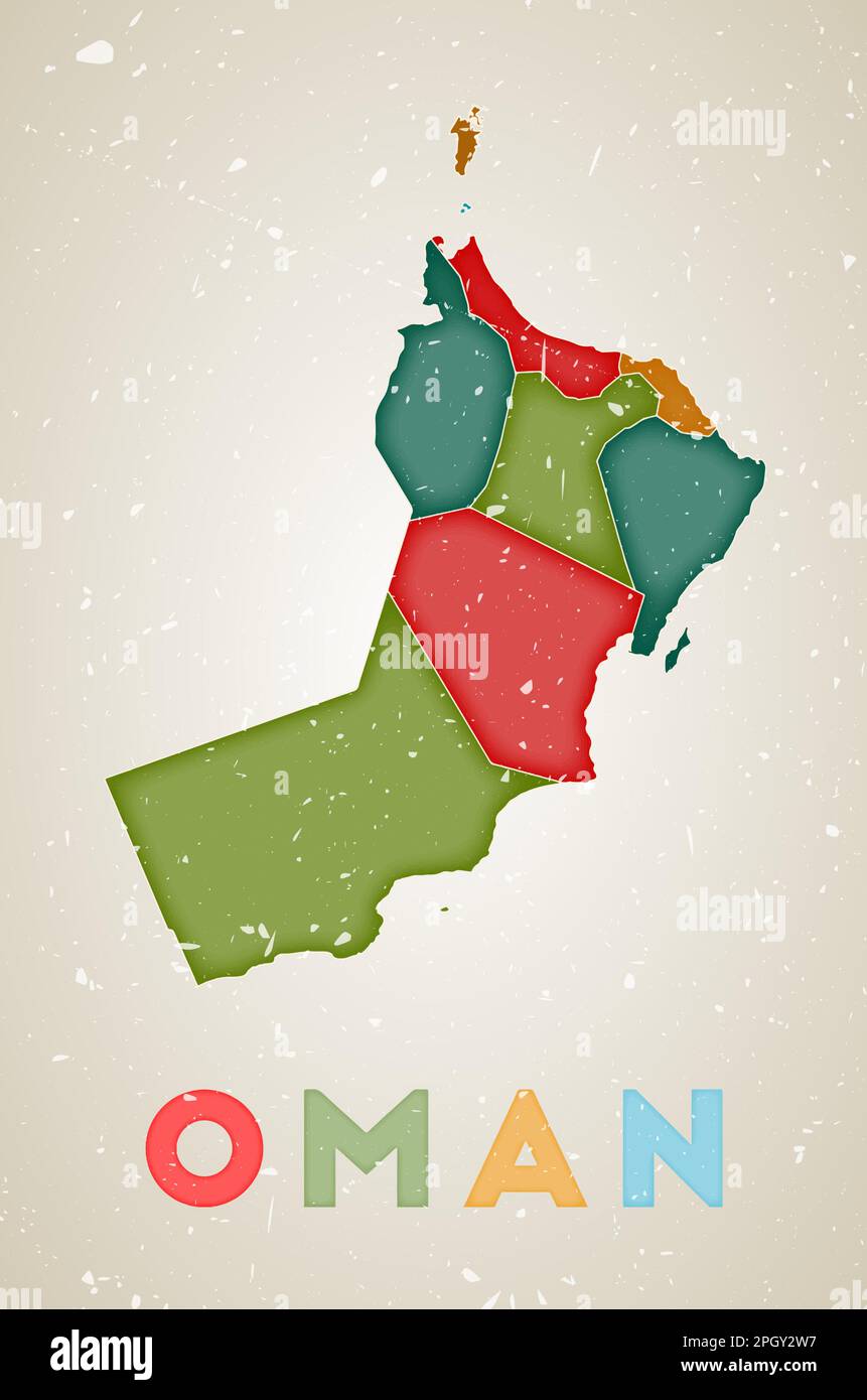 Oman map. Country poster with colored regions. Old grunge texture ...