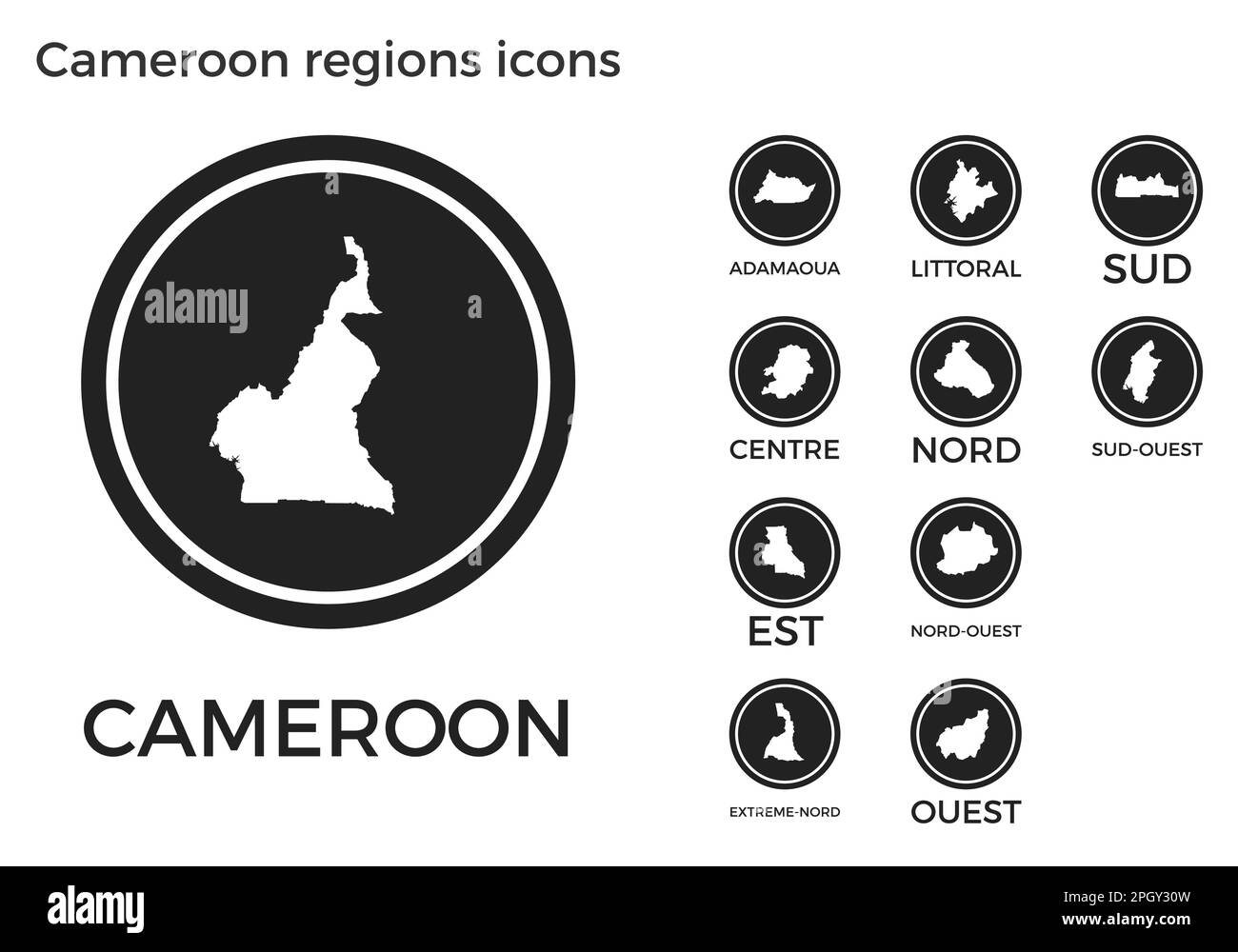 Cameroon regions icons. Black round logos with country regions maps and ...