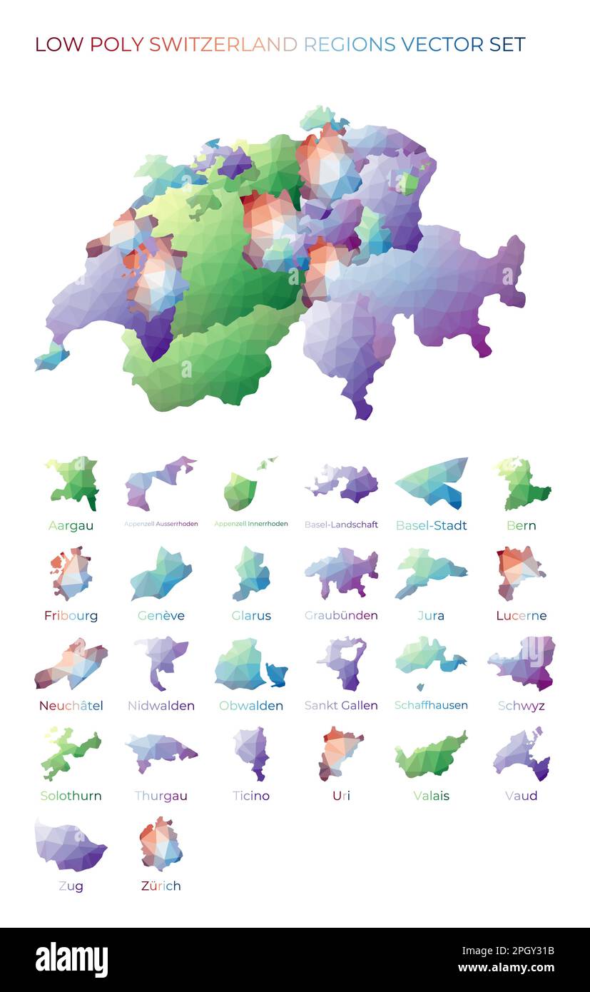 Swiss low poly regions. Polygonal map of Switzerland with regions. Geometric maps for your ...
