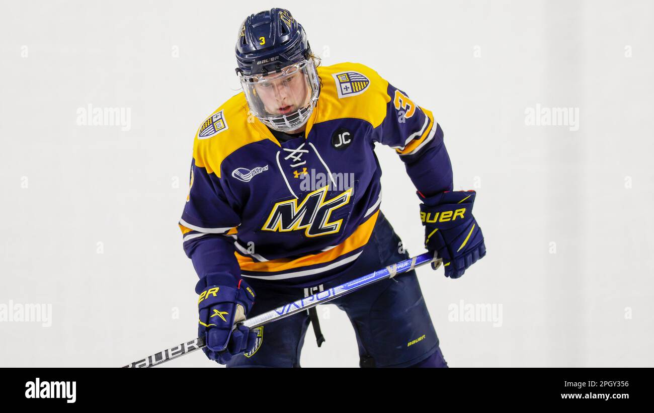 Merrimack College defenseman Zach Bookman (3) skates during the second ...