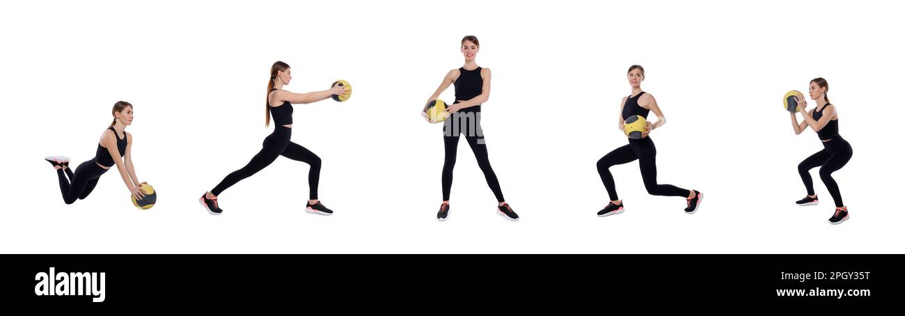 Athletic woman doing different exercises with medicine ball on white ...