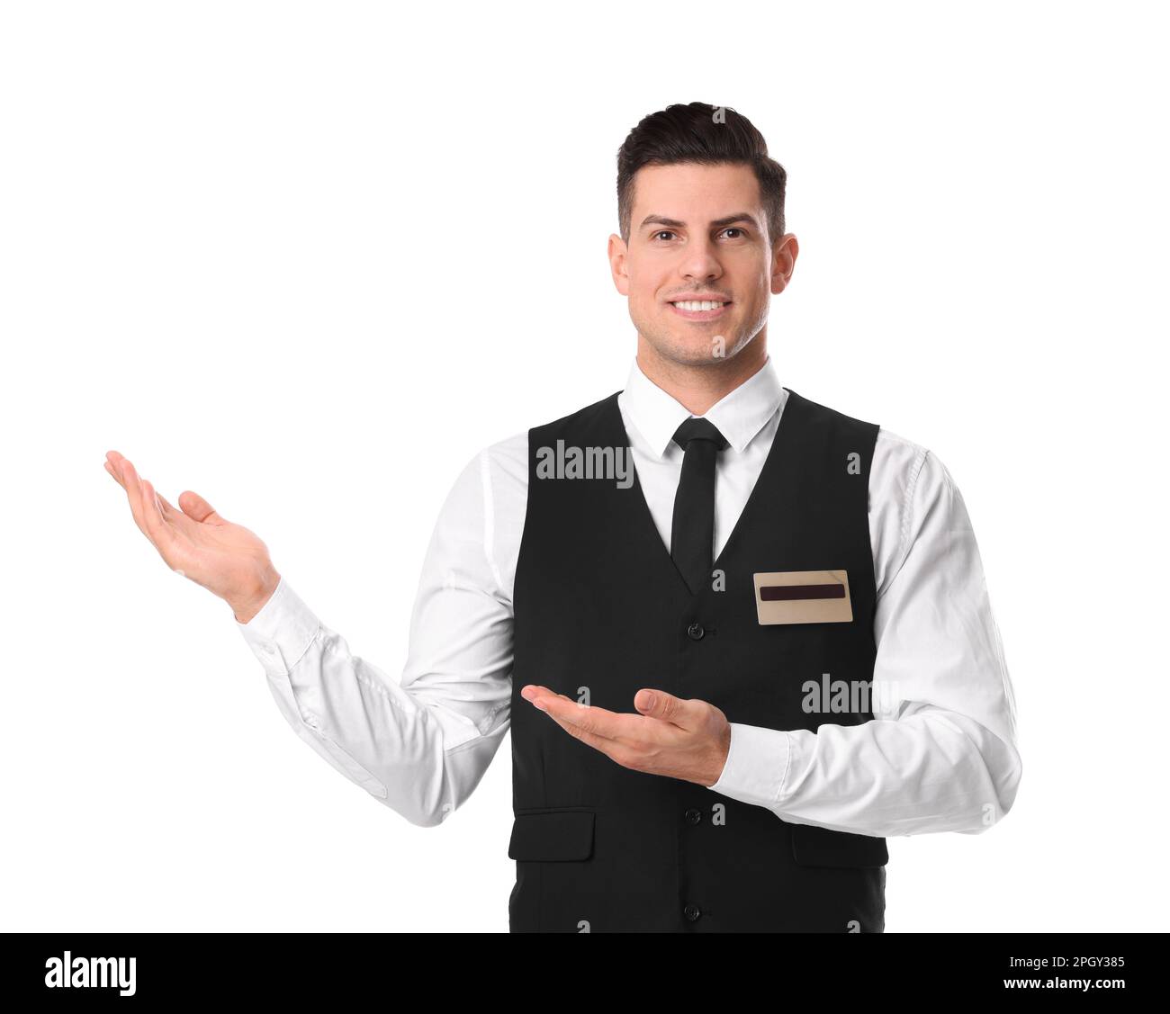 Portrait of happy receptionist in uniform on white background Stock ...