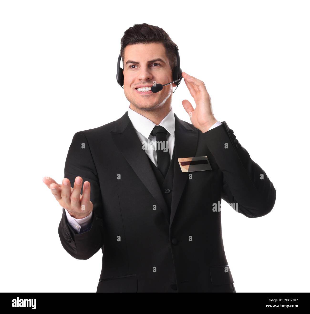 Portrait of receptionist with headset on white background Stock Photo ...