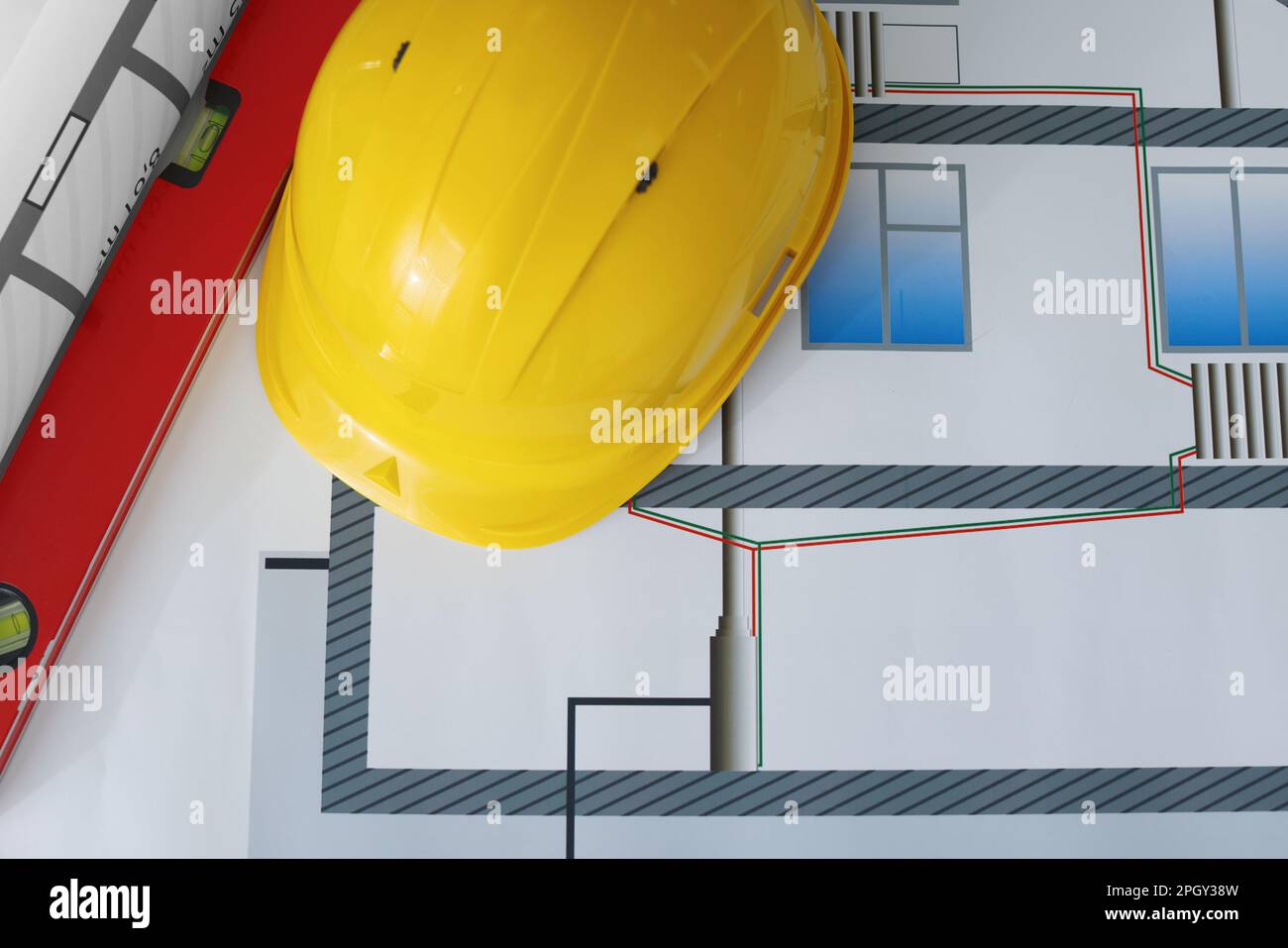 Construction drawings, safety hat and ruler, flat lay Stock Photo - Alamy