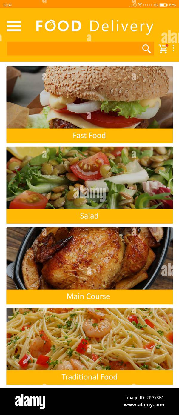 Food delivery app. Display with appetizing menu Stock Photo - Alamy