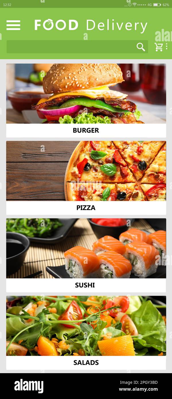 Food delivery app. Display with appetizing menu Stock Photo - Alamy