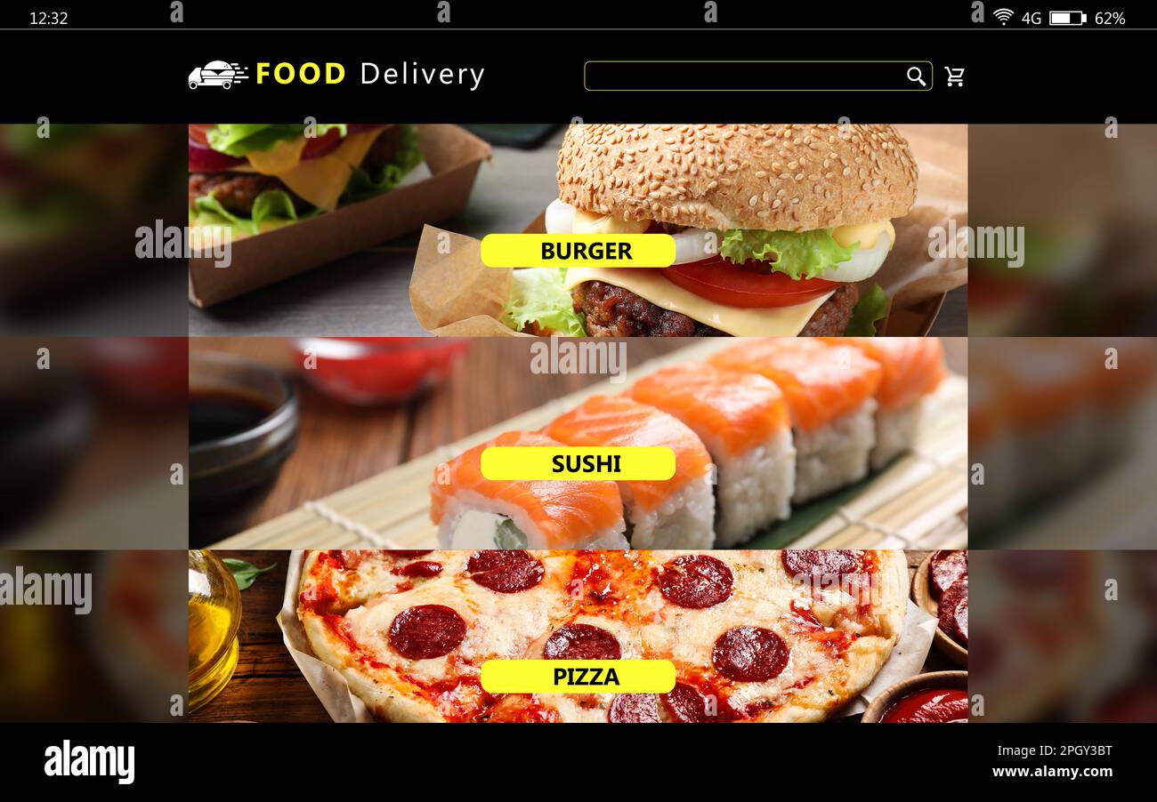 Food delivery app. Display with appetizing menu Stock Photo - Alamy