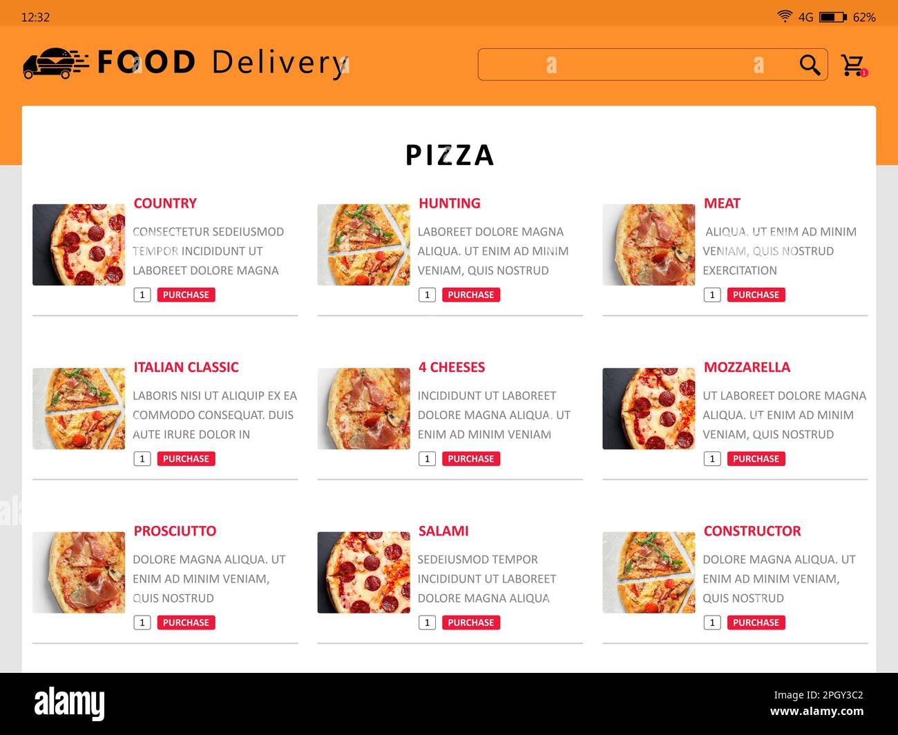 Food delivery app. Display with appetizing menu Stock Photo - Alamy