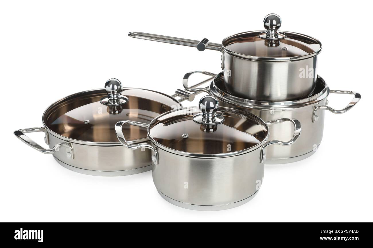 Set of stainless steel cookware on white background Stock Photo - Alamy