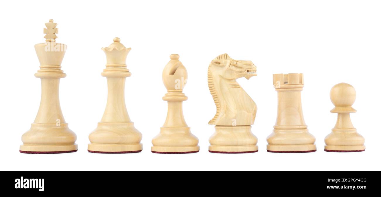 Row of wooden chess pieces on white background Stock Photo - Alamy