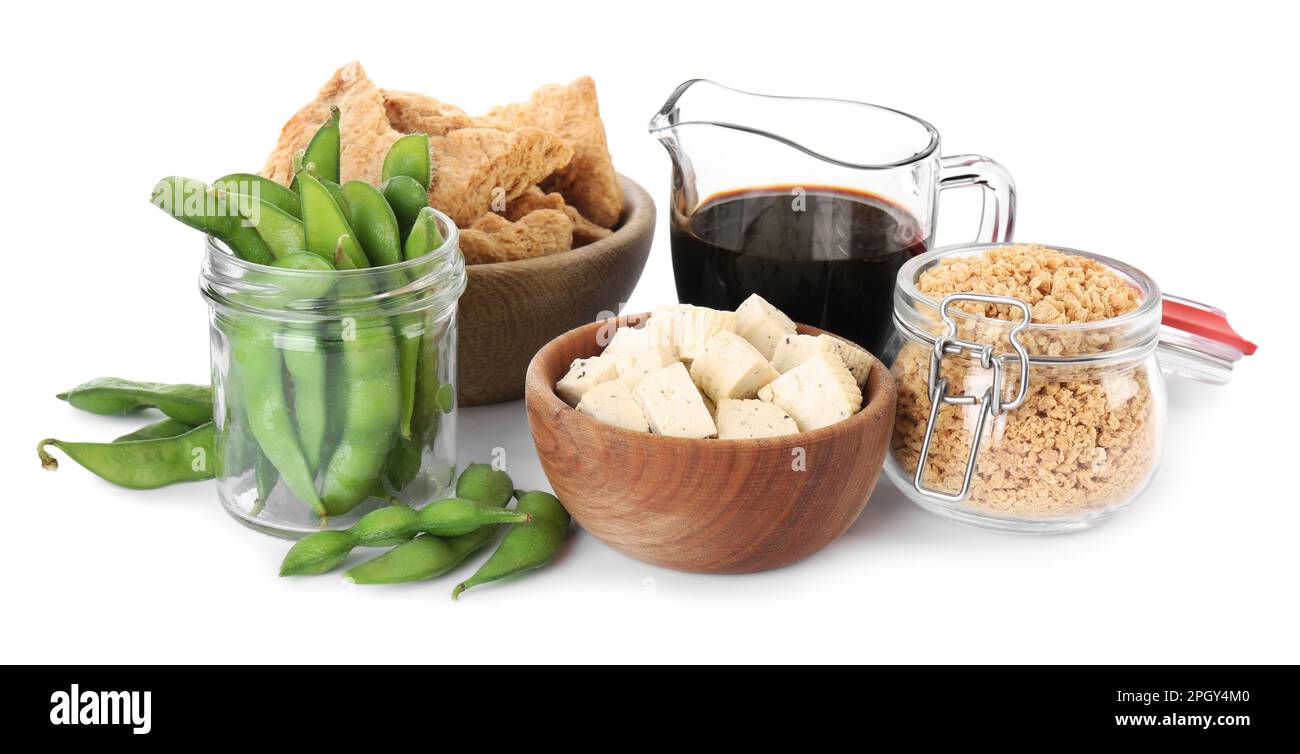 Different organic soy products on white background Stock Photo - Alamy