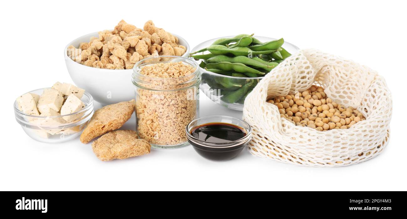 Different organic soy products on white background Stock Photo - Alamy