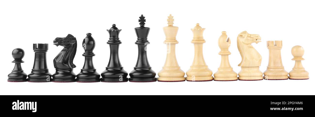 Row of different chess pieces on white background Stock Photo - Alamy