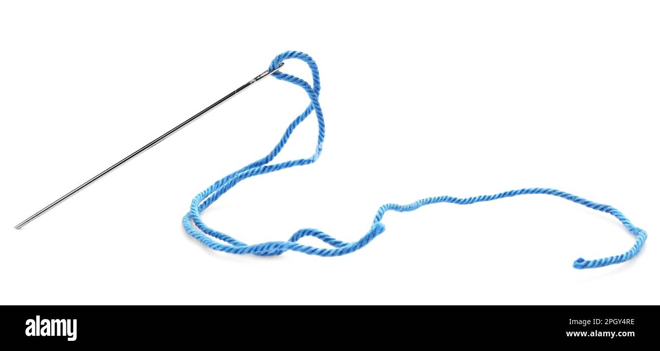 Sewing needle with light blue thread isolated on white Stock Photo - Alamy