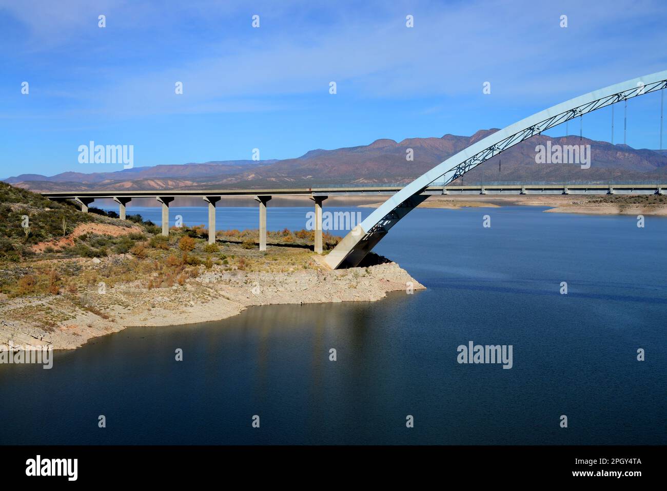 Roosevelt Bridge and Roosevelt lake in southeast Arizona Stock Photo ...