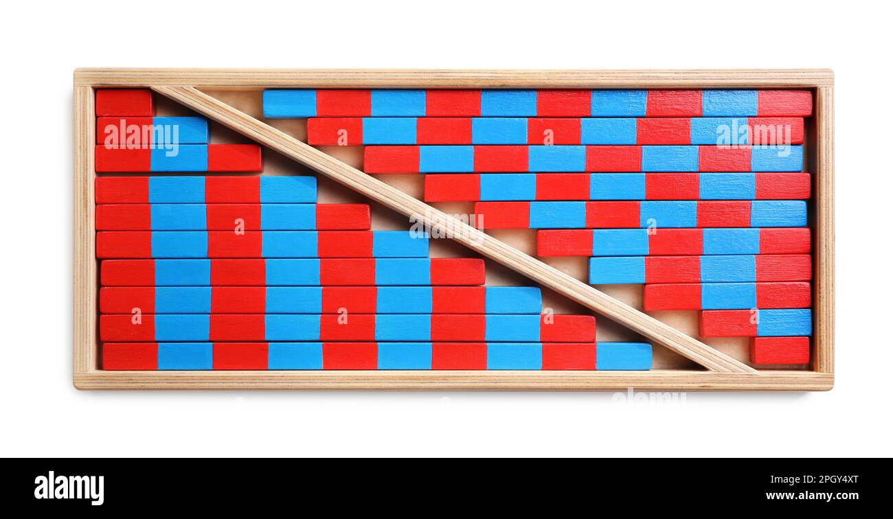 Wooden box with red and blue numerical sticks isolated on white, top ...