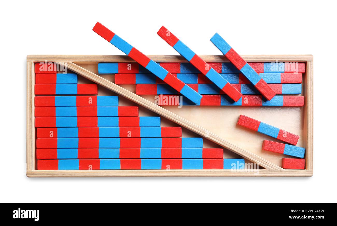 Wooden box with red and blue numerical sticks isolated on white, top ...