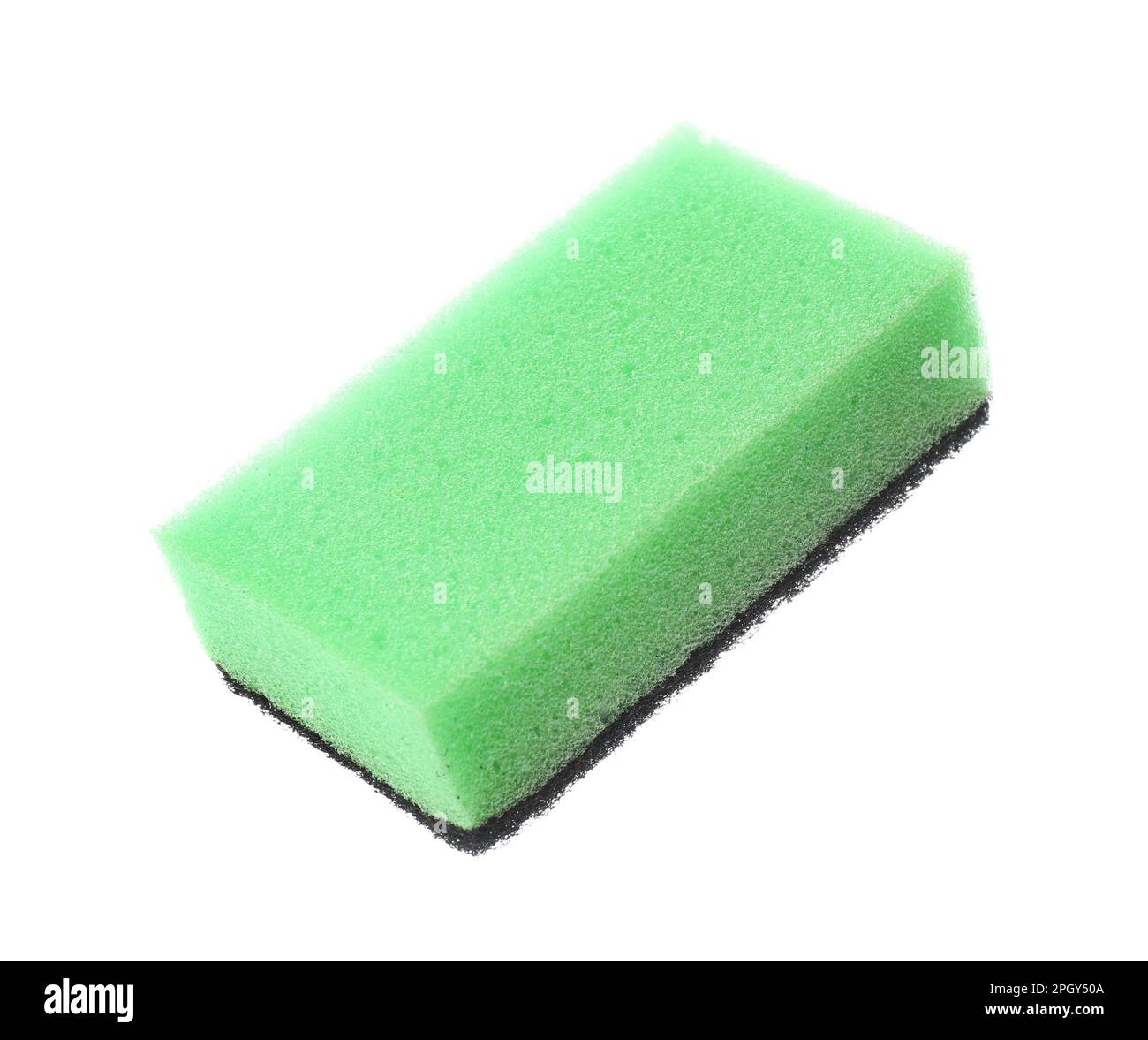 Green cleaning sponge with abrasive black scourer isolated on white ...